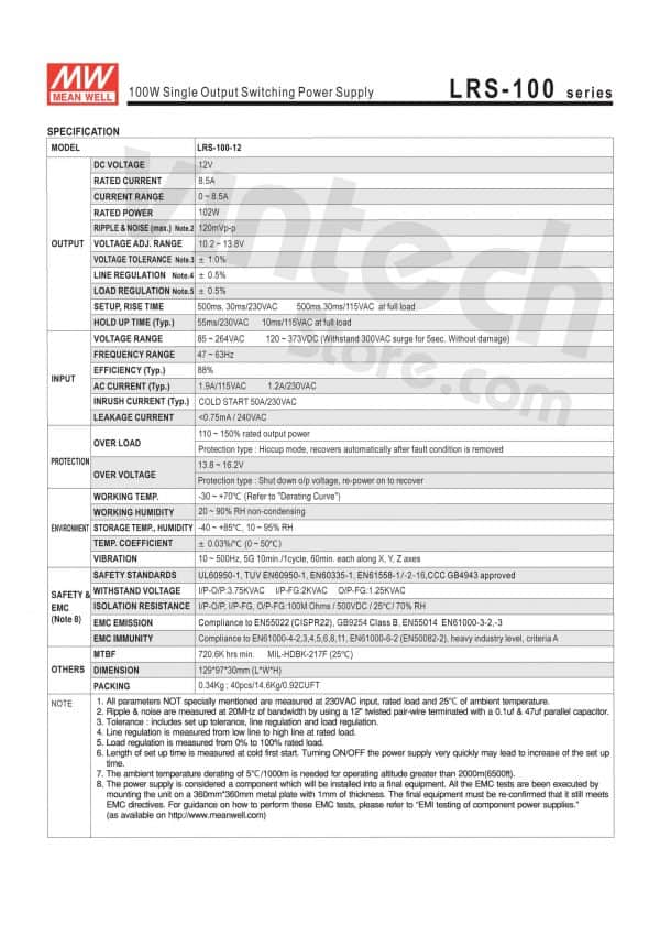 MEANWELL Power Supply LRS-100-12 | Vintech Store