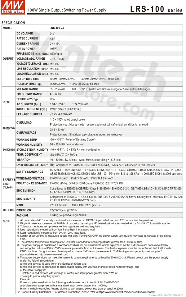 MEANWELL Power Supply LRS-100-24 | Vintech Store